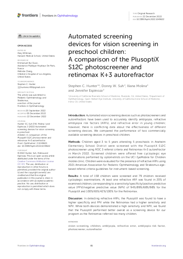 (PDF) Automated screening devices for vision screening in preschool ...