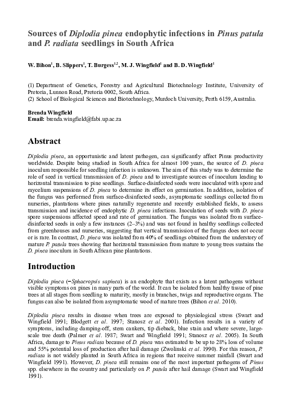 (PDF) Sources of Diplodia pinea endophytic infections in Pinus patula ...
