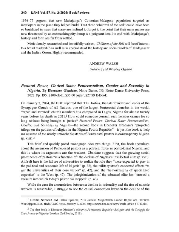 (PDF) Review of Ebenezer Obadare, Pastoral Power, Clerical State ...
