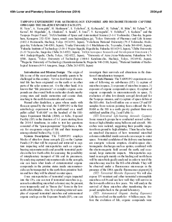 (PDF) Tanpopo Experiment for Astrobiology Exposure and Micrometeoroid ...