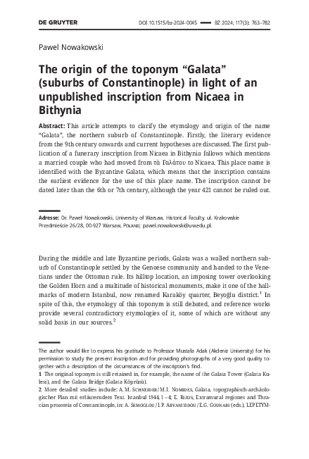 (PDF) The origin of the toponym "Galata" (suburbs of Constantinople) in ...