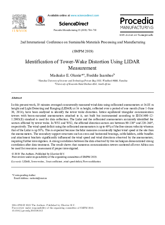 (PDF) Identification of Tower-Wake Distortion Using LIDAR Measurement