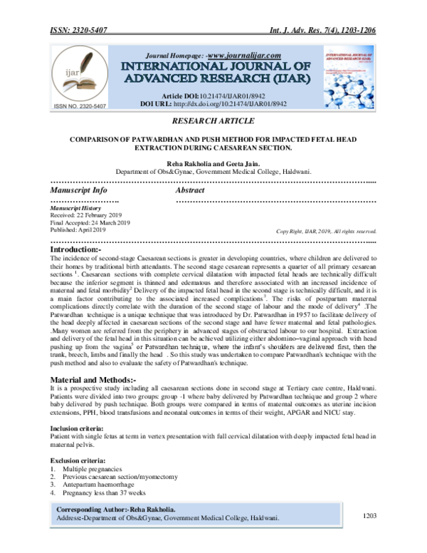 (PDF) Comparison of Patwardhan and Push Method for Impacted Fetal Head ...