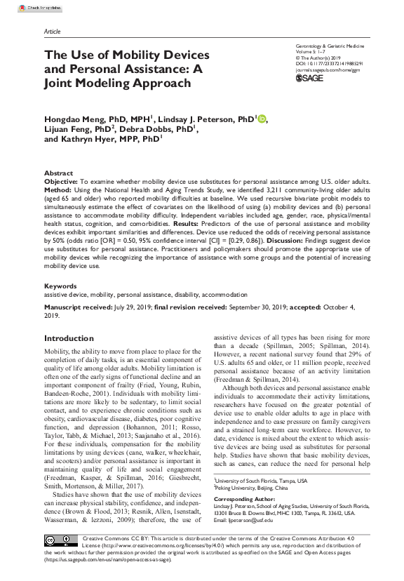 (PDF) The Use of Mobility Devices and Personal Assistance: A Joint Modeling Approach