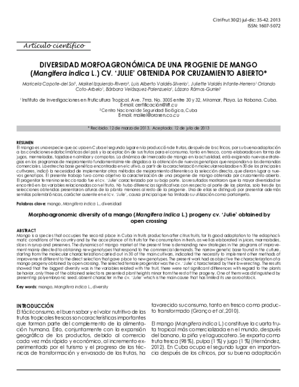 (PDF) DiversiDaD morfoagronómica De una progenie De mango (Mangifera ...