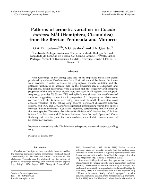 (PDF) Patterns of acoustic variation in Cicada barbara Stål (Hemiptera ...