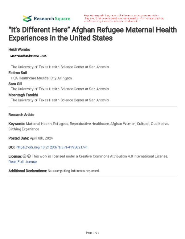 (PDF) “It’s Different Here” Afghan Refugee Maternal Health Experiences ...