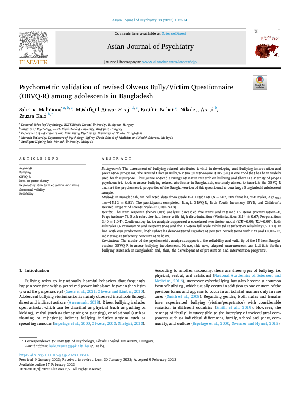 (PDF) Psychometric validation of revised Olweus Bully/Victim ...