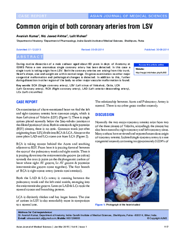 (PDF) Common origin of both coronary arteries from LSV