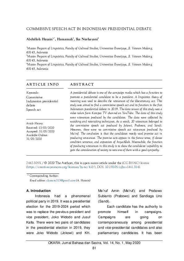 (PDF) Commissive Speech Act in Indonesian Presidential Debate