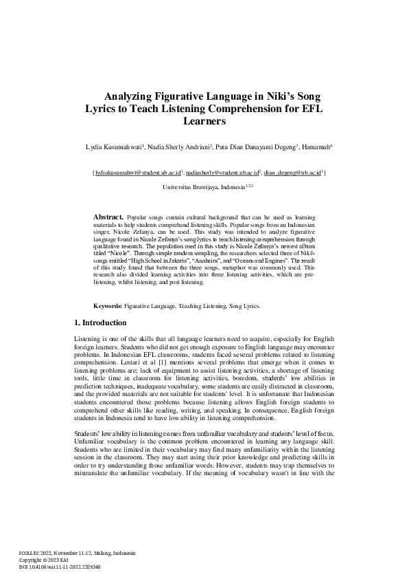 (PDF) Analyzing Figurative Language in Niki’s Song Lyrics to Teach ...