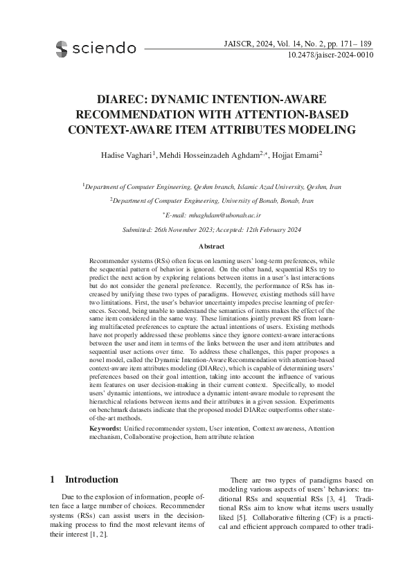 (PDF) DIAREC: DYNAMIC INTENTION-AWARE RECOMMENDATION WITH ATTENTION-BASED CONTEXT-AWARE ITEM ...