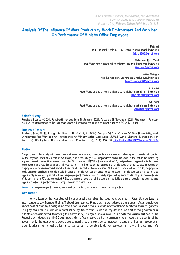 (PDF) Analysis Of The Influence Of Work Productivity, Work Environment And Workload On ...