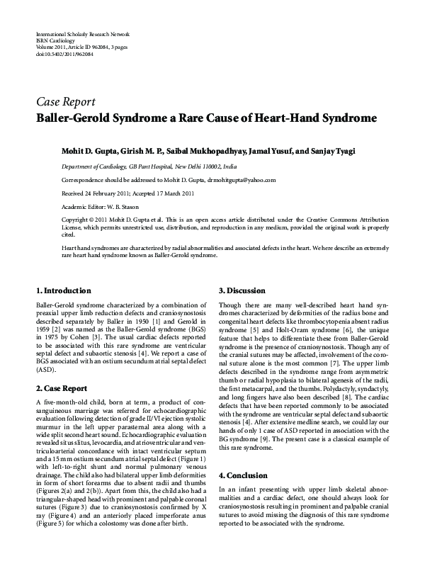 (PDF) Baller-gerold syndrome a rare cause of heart-hand syndrome