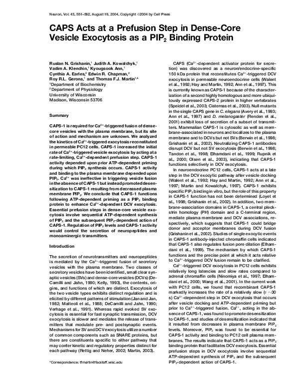 (PDF) CAPS Acts at a Prefusion Step in Dense-Core Vesicle Exocytosis as ...