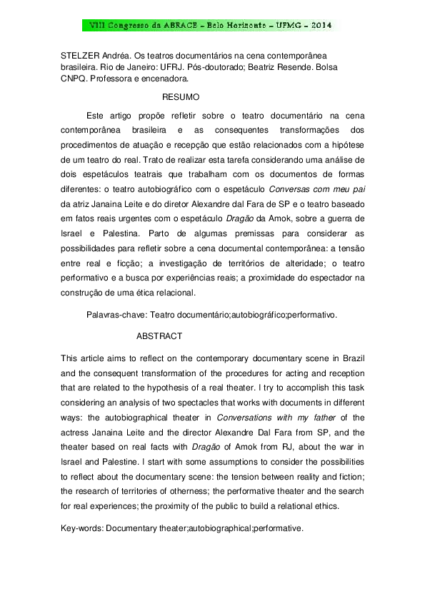 (PDF) STELZER Andréa. Os teatros documentários na cena contemporânea ...