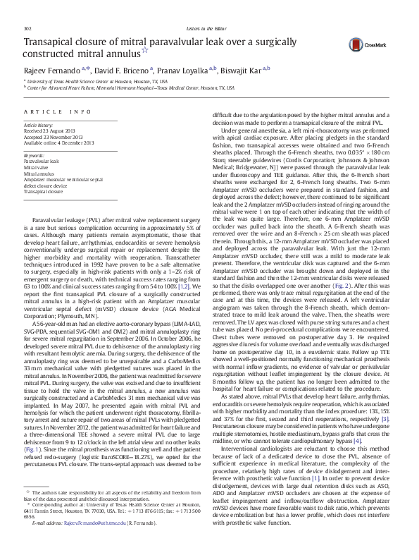 (PDF) Transapical closure of mitral paravalvular leak over a surgically ...