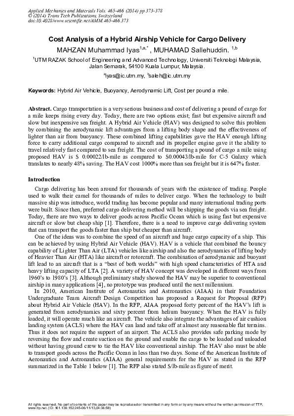 (PDF) Cost Analysis of a Hybrid Airship Vehicle for Cargo Delivery