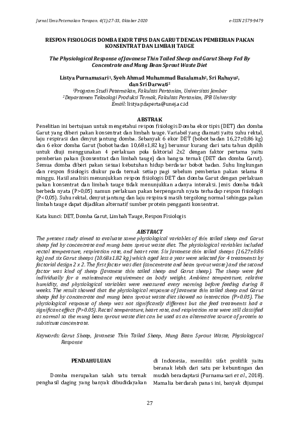 (PDF) Respon Fisiologis Domba Ekor Tipis dan Domba Garut Dengan Pemberian Pakan Konsentrat dan ...