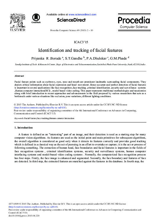 (PDF) Identification and Tracking of Facial Features