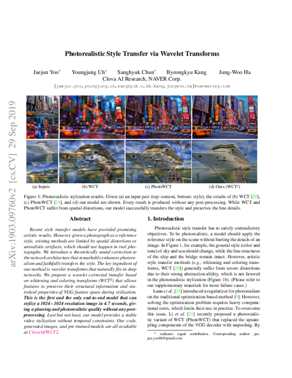 (PDF) Photorealistic Style Transfer via Wavelet Transforms