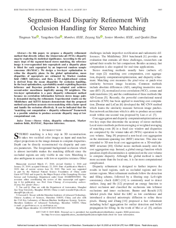 (PDF) Segment-Based Disparity Refinement With Occlusion Handling for Stereo Matching