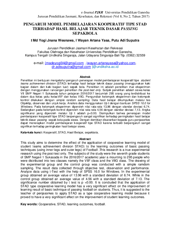 (PDF) Pengaruh Model Pembelajaran Kooperatif Tipe Student Teams Achievement Division (Stad ...