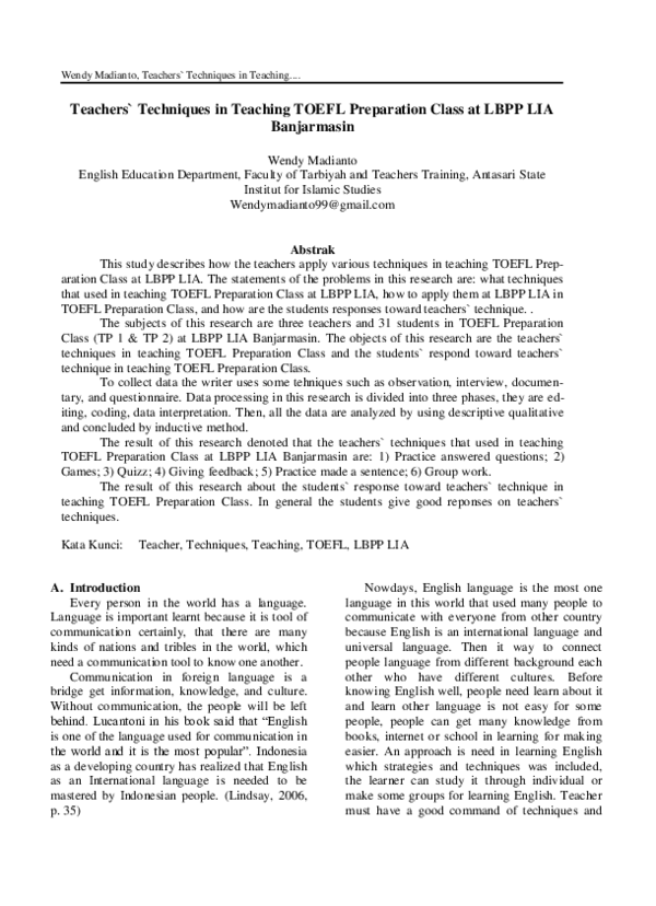 (PDF) Teachers` Techniques in Teaching TOEFL Preparation Class at LBPP ...