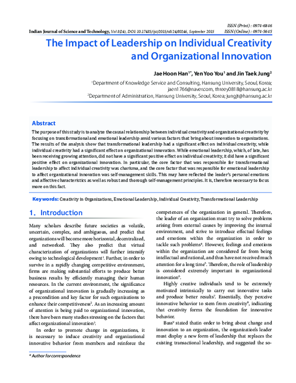 (PDF) The Impact of Leadership on Individual Creativity and Organizational Innovation