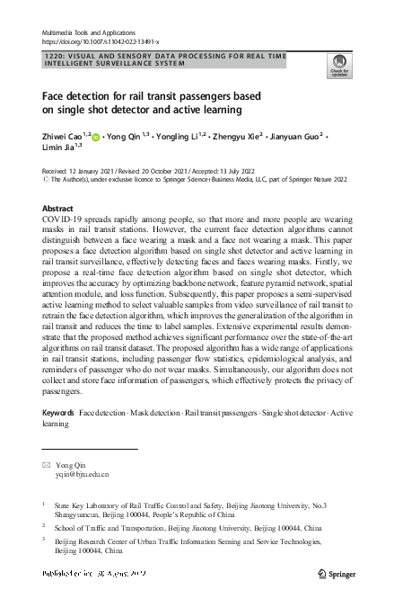 (PDF) Face detection for rail transit passengers based on single shot detector and active learning