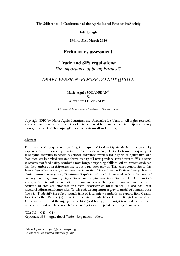 (PDF) Preliminary assessment Trade and SPS regulations: The importance of being Earnest? DRAFT ...
