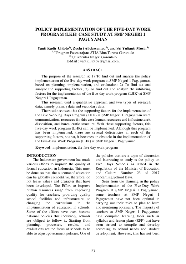 (PDF) Policy Implementation of the Five-Day Work Program (LKH) Case Study at SMP Negeri 1 Paguyaman