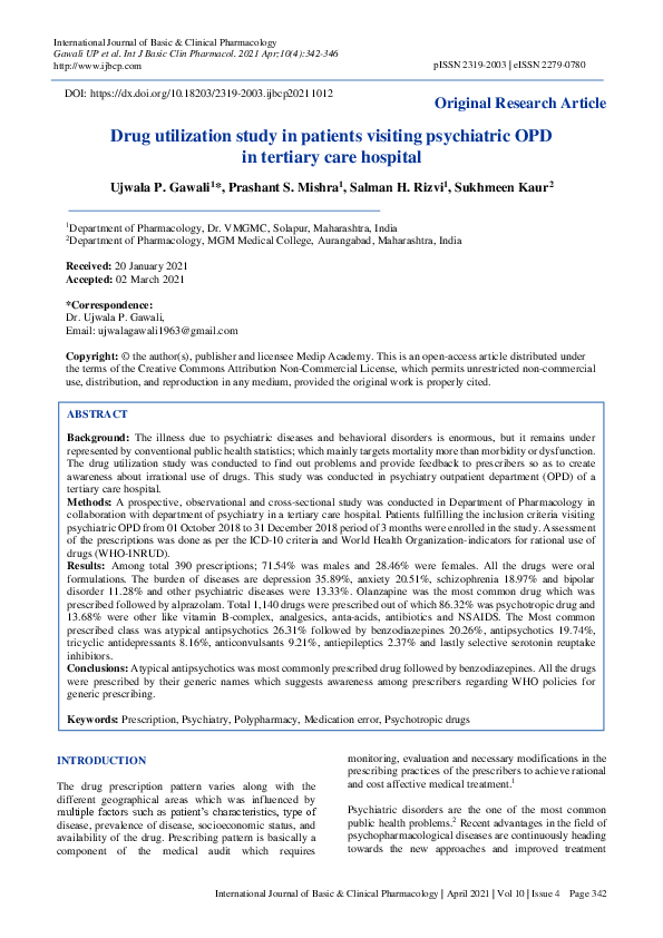 (PDF) Drug utilization study in patients visiting psychiatric OPD in tertiary care hospital