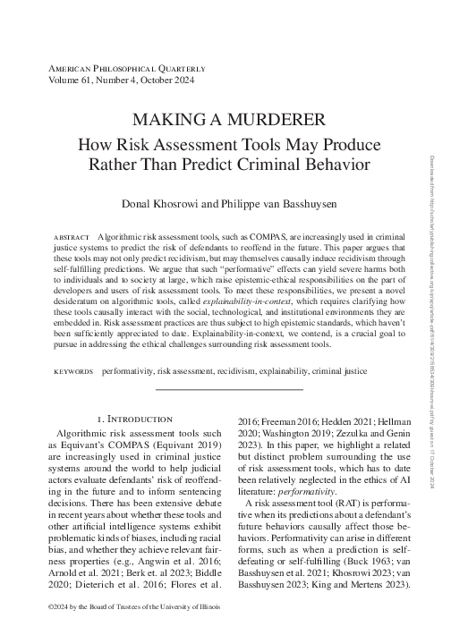 (PDF) Making a Murderer - How risk assessment tools may produce rather than predict criminal ...