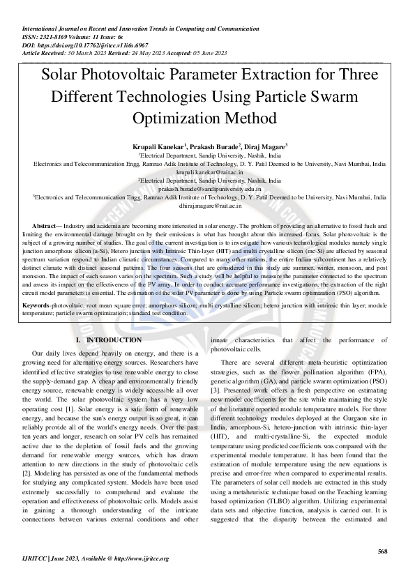(PDF) Solar Photovoltaic Parameter Extraction for Three Different Technologies Using Particle ...