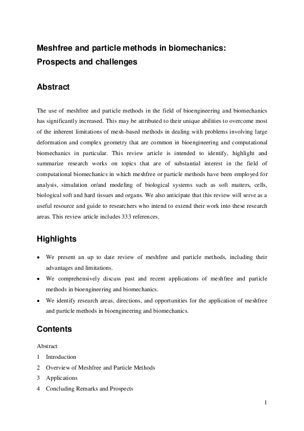 (PDF) Meshfree and Particle Methods in Biomechanics: Prospects and Challenges