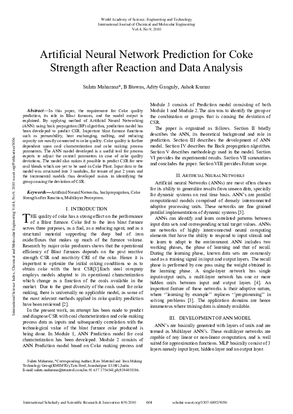 (PDF) Artificial Neural Network Prediction For Coke Strength After Reaction And Data Analysis