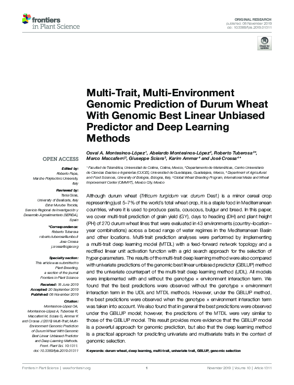 (PDF) Multi-Trait, Multi-Environment Genomic Prediction of Durum Wheat With Genomic Best Linear ...
