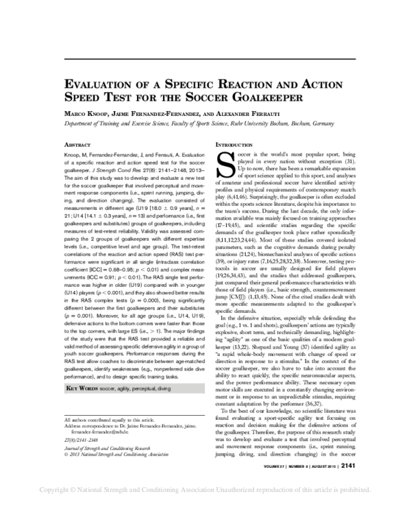 (PDF) Evaluation of a Specific Reaction and Action Speed Test for the ...
