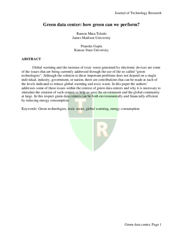 (PDF) Green data center: how green can we perform?
