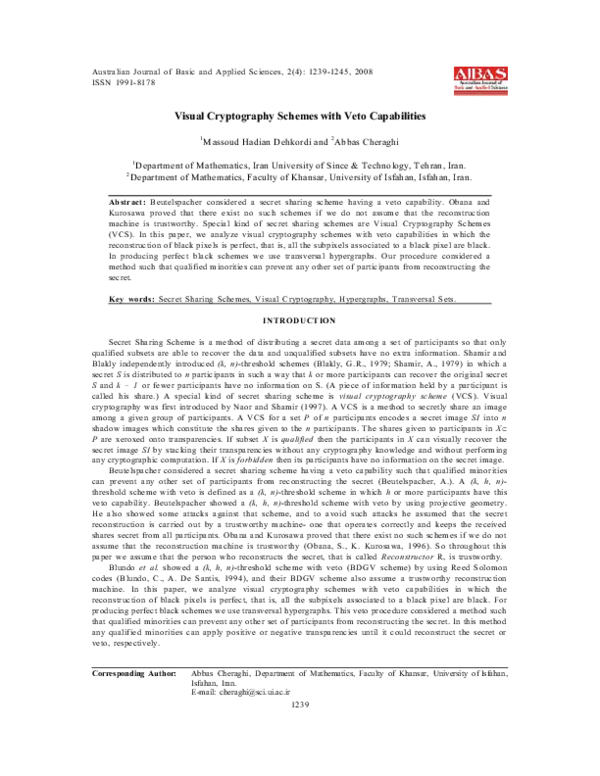 (PDF) Visual Cryptography Schemes with Veto Capabilities
