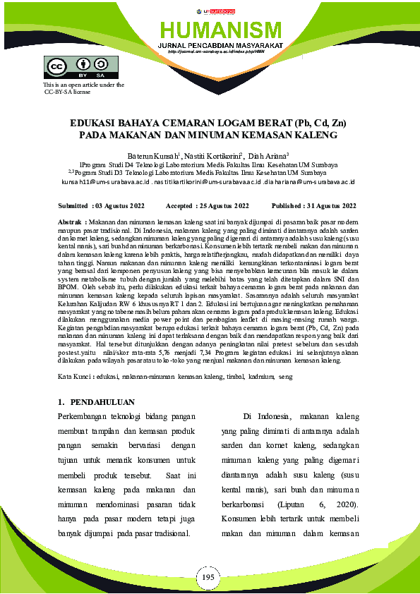 (PDF) EDUKASI BAHAYA CEMARAN LOGAM BERAT (Pb, Cd, Zn) PADA MAKANAN DAN ...