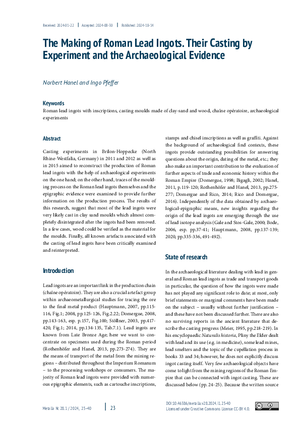 (PDF) The Making of Roman Lead Ingots. Their Casting by Experiment and ...