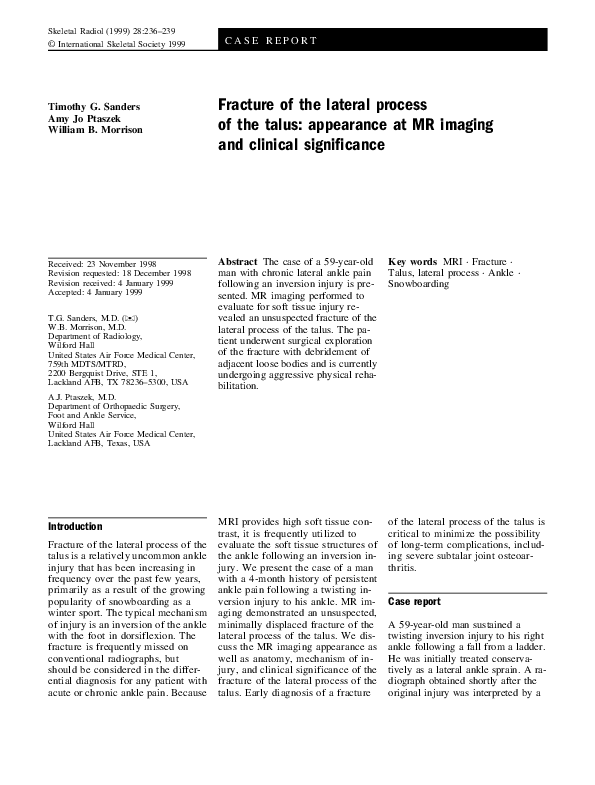 Pdf Fracture Of The Lateral Process Of The Talus Appearance At Mr Imaging And Clinical