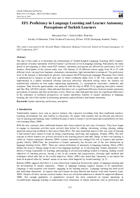 (PDF) EFL Proficiency in Language Learning and Learner Autonomy Perceptions of Turkish Learners