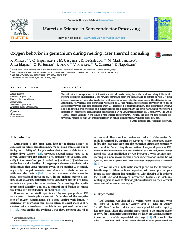 (PDF) Oxygen behavior in germanium during melting laser thermal annealing