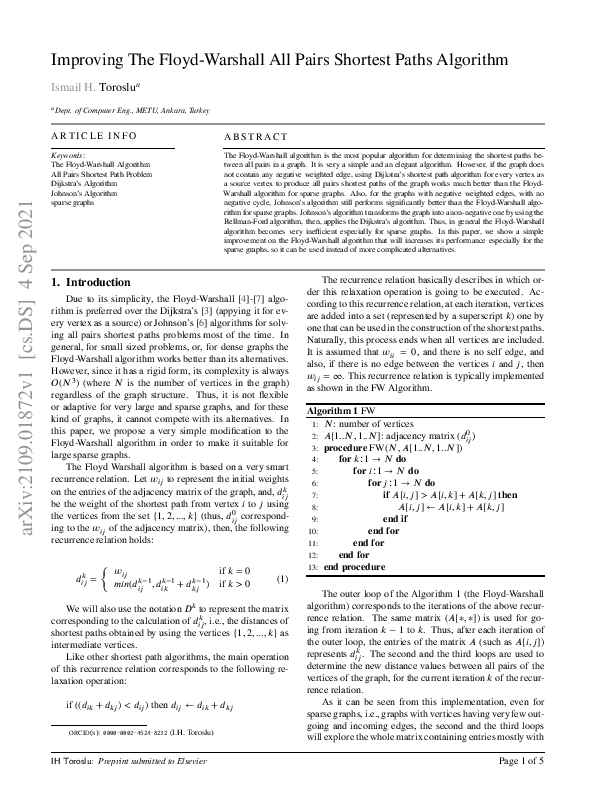 (PDF) Improving The Floyd-Warshall All Pairs Shortest Paths Algorithm (PDF) Improving The Floyd-Warshall All Pairs Shortest Paths Algorithm