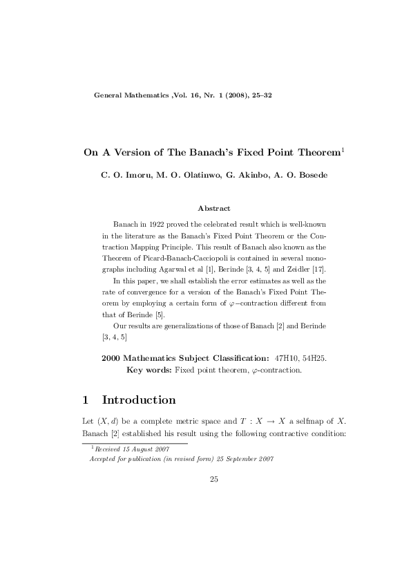 (PDF) On A Version of The Banach's Fixed Point Theorem1