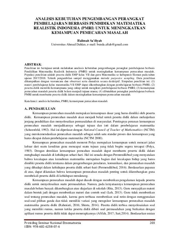(PDF) Analisis Kebutuhan Pengembangan Perangkat Pembelajaran Berbasis Pendidikan Matematika ...