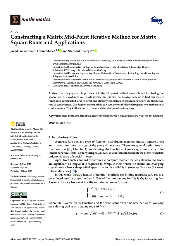 (PDF) Constructing a Matrix Mid-Point Iterative Method for Matrix Square Roots and Applications